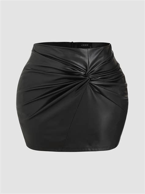 Pu Leather Solid Twist Mini Skirt Curve And Plus For Music Festivallive