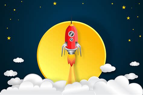 火箭發射在大滿月 星星 雲和藍天在黑夜作為紙藝 工藝風格和商業啟動專案的概念平面設計向量圖向量圖形及更多space And Astronomy
