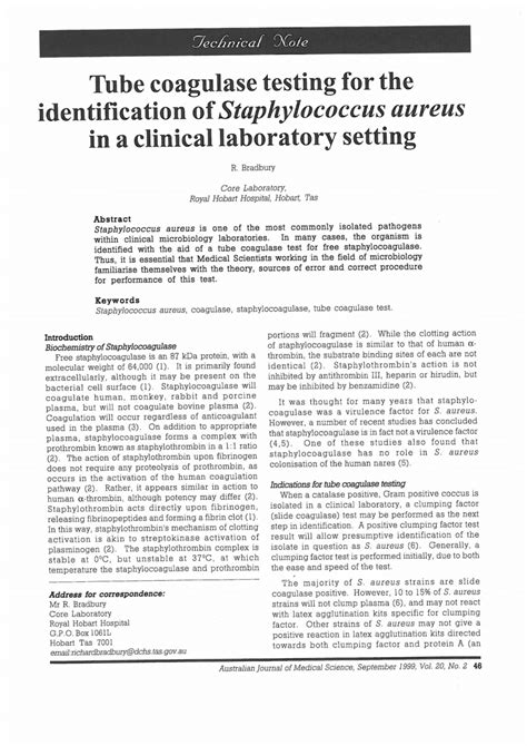 Pdf Tube Coagulase Testing For The Identification Of Staphylococcus Aureus In A Clinical