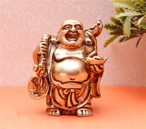 Brass Laughing Happy Buddha Idol Statue Small Showpiece Fengshui Vastu