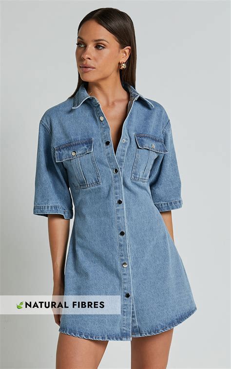 Leilani Mini Dress Denim Short Sleeve Button Up Dress In Mid Blue
