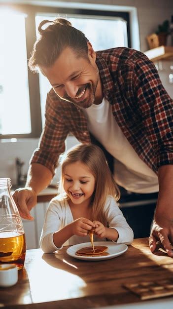 Premium Photo | Father and daughter pouring maple syrup on pancakes in kitchen