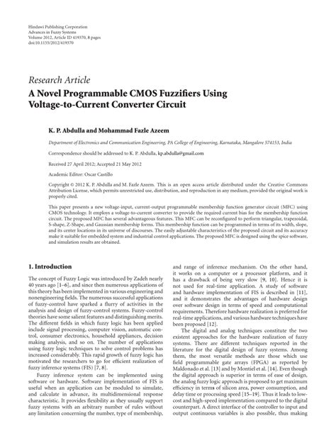 Pdf A Novel Programmable Cmos Fuzzifiers Using Voltage To Current