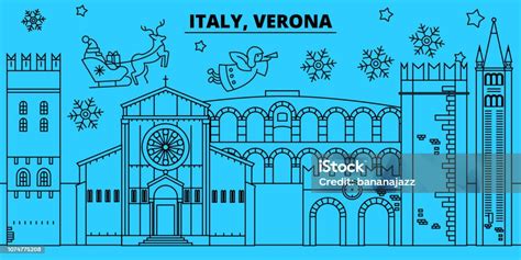 이탈리아 베로나 겨울 휴일 스카이 라인입니다 메리 크리스마스 해피 뉴가 어 장식 산타 Clausitaly 베로나 선형 크리스마스 도시 벡터 평면 일러스트와 배너 베로나