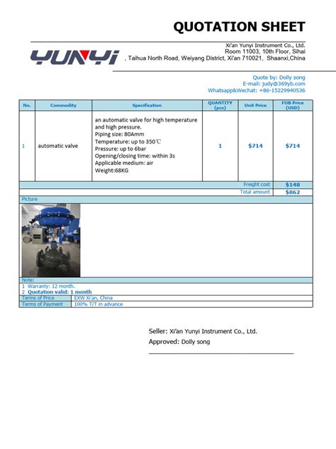 yunyi quotation automatic valve pdf