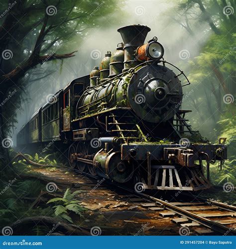 Mossy Abandoned Steam Train Ai Generative Stock Illustration