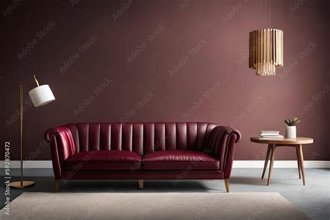 Living Room With A Beautiful And Stylish Maroon Long Leather Sofa In