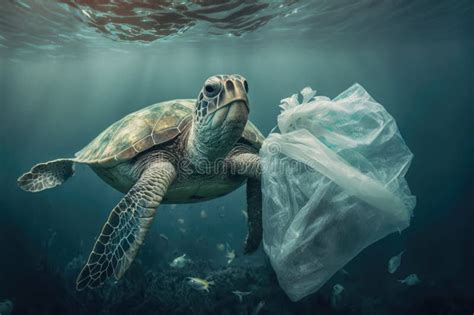 Tortuga Marina En El Océano Contaminada Por Basura Y Bolsas De Plástico