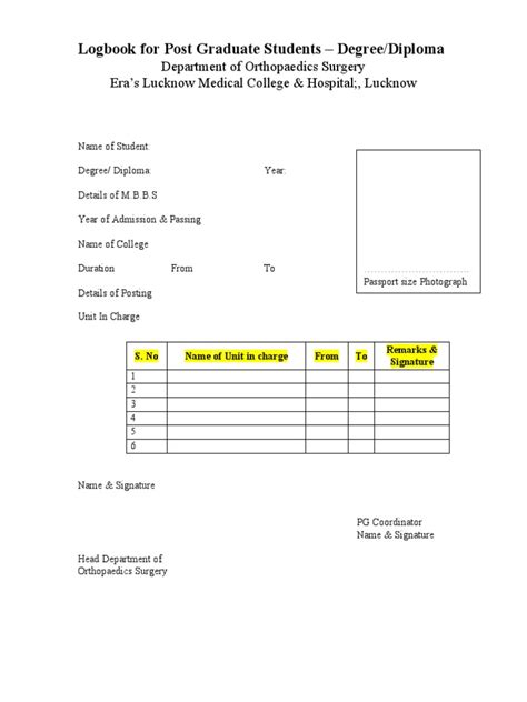 Logbook For Post Graduate Pdf Orthopedic Surgery Surgery