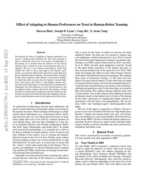 Pdf Effect Of Adapting To Human Preferences On Trust In Human Robot Teaming