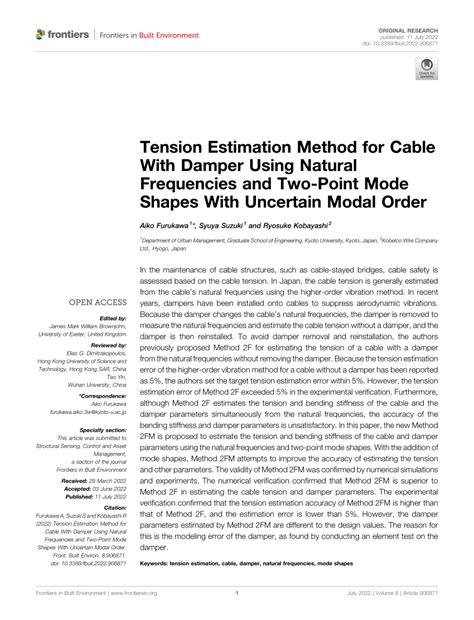 Pdf Tension Estimation Method For Cable With Damper Using Natural Frequencies And Two Point