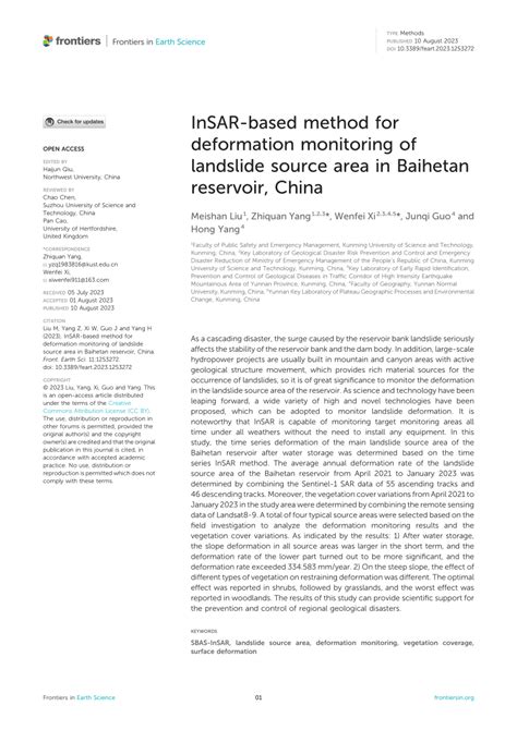 PDF InSAR Based Method For Deformation Monitoring Of Landslide Source Area In Baihetan