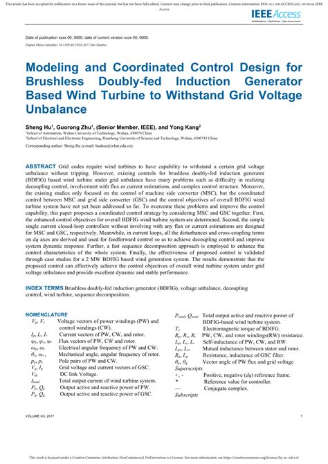 Pdf Modeling And Coordinated Control Design For Brushless Doubly Fed Induction Generator Based