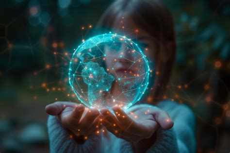 Close Up Of Girl Hand Holding Abstract Blue World Hologram On Nature