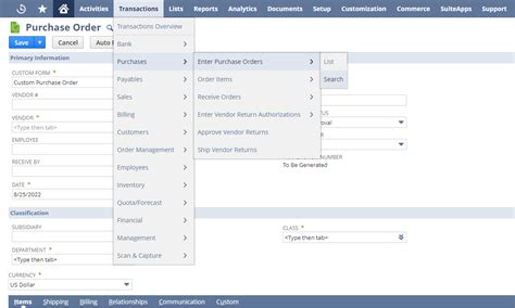 how to find purchase order record type in netsuite
