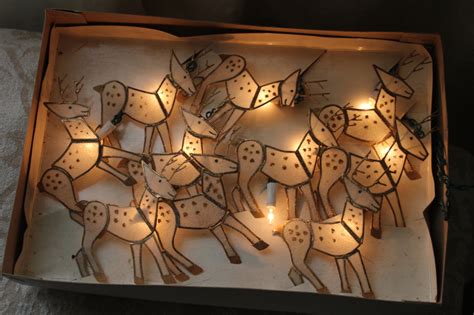 Rare Vintage Capiz Shell Christmas Tree Lights White Deer Brass