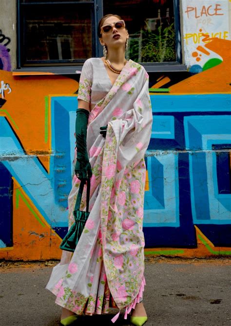 Buy Parsi Gara Hand Embroidery Designs White Silk Saree Online India Sunasa