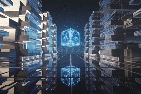 Glowing Blue Cube In Urban Scene Emphasizes Sci Fi Visuals With Spatial Depth Stock Illustration Glowing Blue Cube In Urban Scene Emphasizes Sci Fi Visuals With Spatial Depth Stock Illustration
