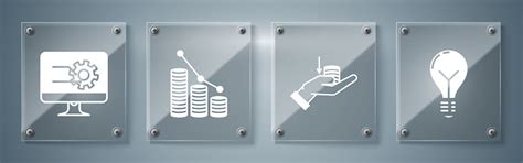 아이디어의 개념으로 전구를 설정 손에 돈 그래프 차트와 파이 차트 인포 그래픽및 동전과 컴퓨터 모니터 정사각형 유리 패널 벡터 개념에 대한 스톡 벡터 아트 및 기타 이미지