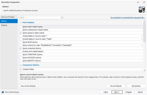 Data Comparison Options