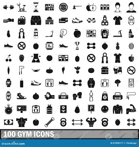 100 Gym Icons Set In Simple Style Stock Vector Illustration Of Time