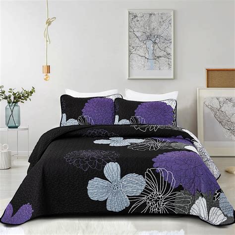 Purple Floral Quilt Set Queen Size 3 Pieces Purple Flower Pattern