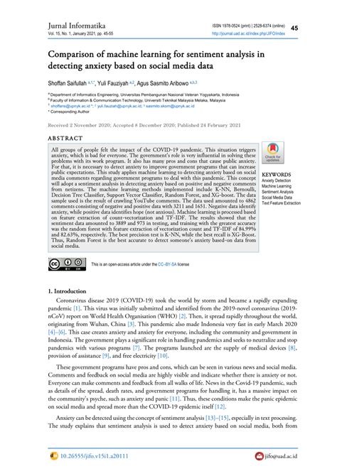 Pdf Comparison Of Machine Learning For Sentiment Analysis In Detecting Anxiety Based On Social