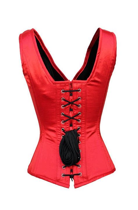 Red Satin Shoulder Straps Burlesque Bustier Overbust Corset Corsetsnmore