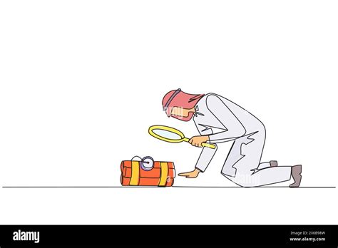 Single One Line Drawing Arabian Businessman Holding Magnifying Glass