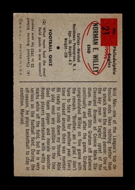 Bowman Set Break Norm Willey VG VGEX GMCARDS EBay
