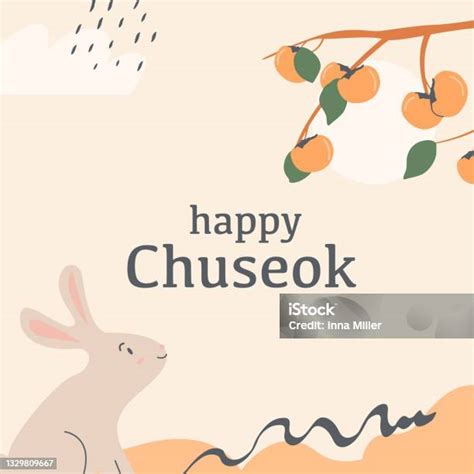 보름달을 바라보는 과일과 토끼가 있는 감나무 브런치 한국에서 추수 감사절 인사말 카드 한국 전통 수확 휴가 영어로 해피 추석