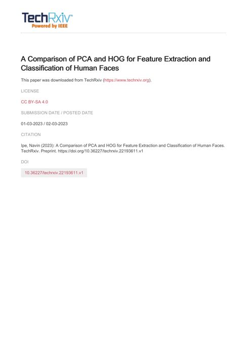 Pdf A Comparison Of Pca And Hog For Feature Extraction And Classification Of Human Faces