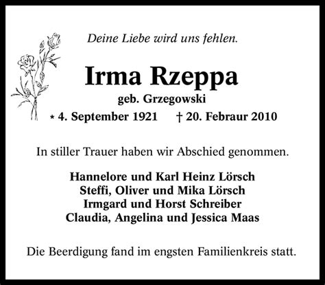 Traueranzeigen Von Irma Rzeppa Trauer In Nrw De
