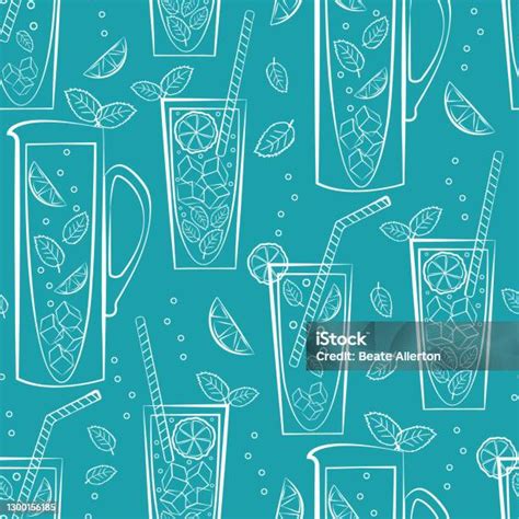 민트 레모네이드 투수와 유리 벡터 원활한 패턴 배경 라인 아트 스타일의 주전자 음료 안경 빨대 레몬 라임 민트 잎과 파란색 흰색 배경 여름 음료 반복 과일에 대한 스톡 벡터