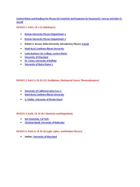 Lecture Notes And Readings For Physics For Scientists And Engineers By