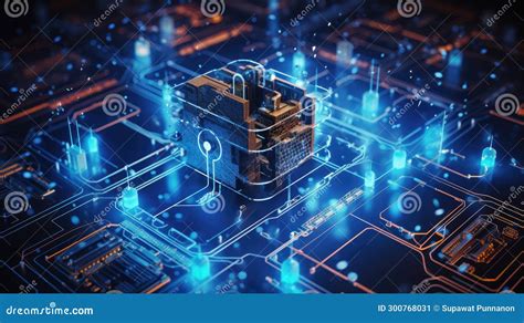 Digital Fortress Of Cybersecurity 3d Graphic With Encrypted Factory Datastreams Stock