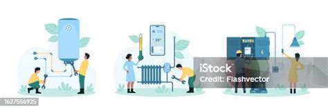 검사 및 유지 보수 수리 서비스 작은 엔지니어가 배관 난방 시스템을 점검합니다 가정 난방에 대한 스톡 벡터 아트 및 기타 이미지 가정 난방 기체 물리 구조 깨짐