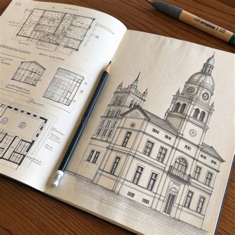 Architectural Sketch Of A Building With Blueprints And A Pencil On A Wooden Table Stock