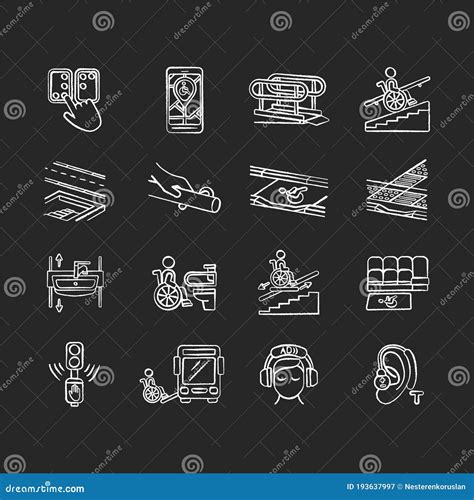 Accessibility Facilities Chalk White Icons Set On Black Background Stock Vector Illustration