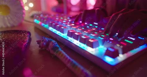 Teenage Girl Hands Typing On Keyboard Gamer Girl Playing Online Game Typing Messages Browsing