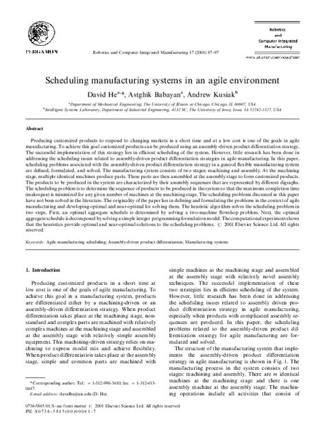 Pdf Scheduling Manufacturing Systems In An Agile Environment