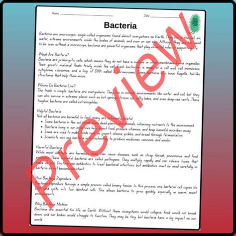 Bacteria Reading Comprehension Passage No Prep Science Worksheet