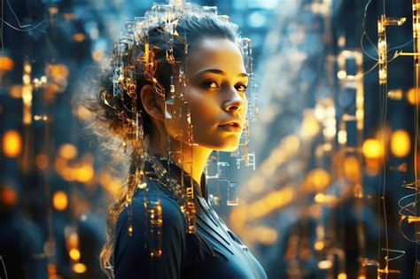 Premium Ai Image A Young Woman With A Digital Brain Processes Extensive Data Sets
