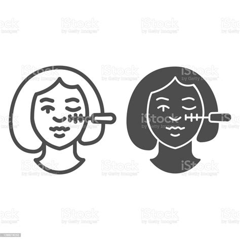 속눈썹 브러쉬와 소녀 얼굴 라인과 단단한 아이콘 메이크업 루틴 개념 여성 얼굴과 흰색 배경에 마스카라 사인 윤곽 스타일 마스카라