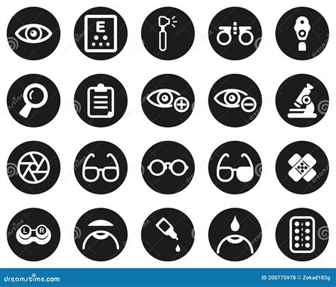 Optometry Exam And Optometry Equipment Icons White On Black Flat Design