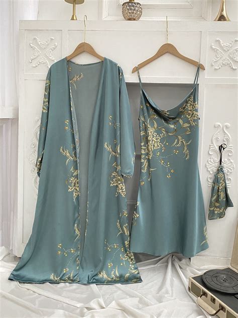Conjunto De Pijamas De Satén Con Cinturón Y Estampado Floral Ropa De
