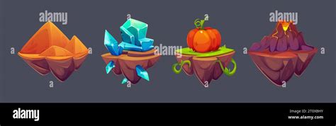 Set Of Floating Island Platforms For Game Ui Isolated On Black Background Vector Cartoon