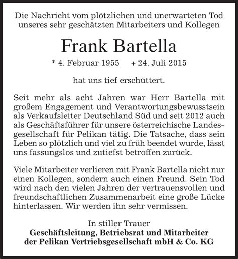 Traueranzeigen Von Frank Bartella Trauermerkurde
