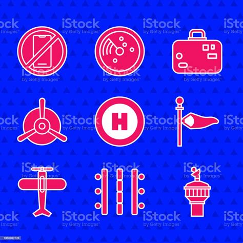 설정 헬리콥터 착륙 패드 공항 활주로 레이더 콘 기상 바람 바람 베인 비행기 프로펠러 가방 및 휴대 전화 아이콘 없음 벡터 가방에 대한 스톡 벡터 아트 및 기타 이미지