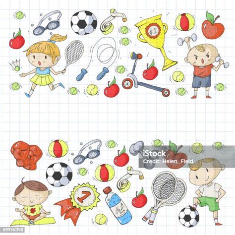 어린이 스포츠 아이 그림입니다 유치원 학교 대학 유치원입니다 축구 축구 테니스 달리기 복싱 럭비 요가 수영 6 7 살에 대한 스톡 벡터 아트 및 기타 이미지 Istock